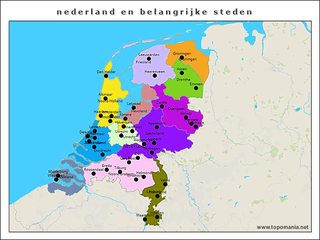 Topografie nederland en belangrijke steden | www.topomania.net