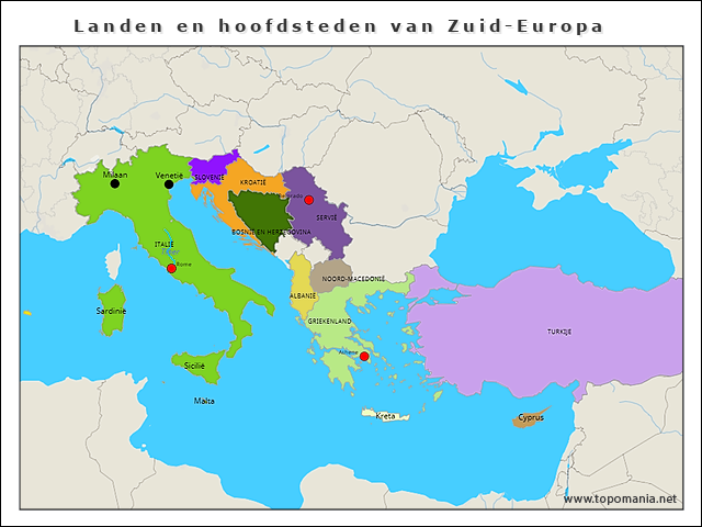 Topografie Landen en hoofdsteden van Zuid-Europa | www.topomania.net