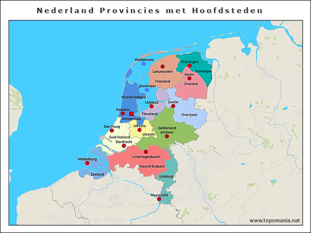 Topografie Nederland Provincies met Hoofdsteden | www.topomania.net