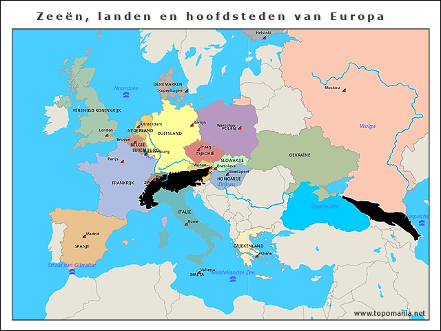 Topografie Zeeën, landen en hoofdsteden van Europa | www.topomania.net