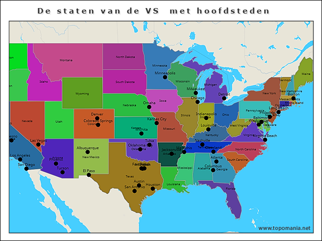 Topografie De staten van de VS met grote steden | www.topomania.net