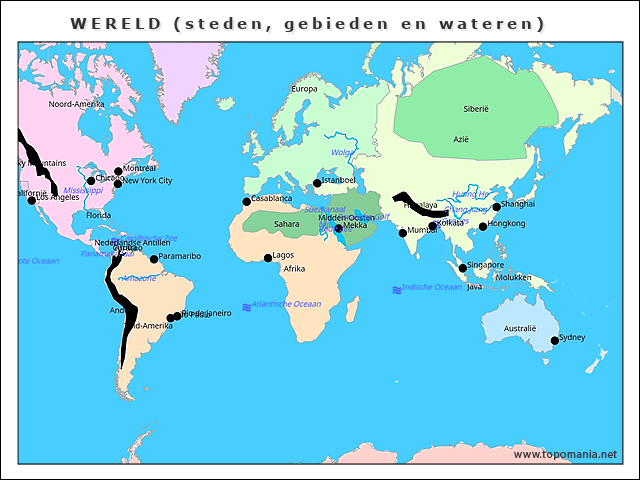 Topografie WERELD (steden, gebieden en wateren) | www.topomania.net