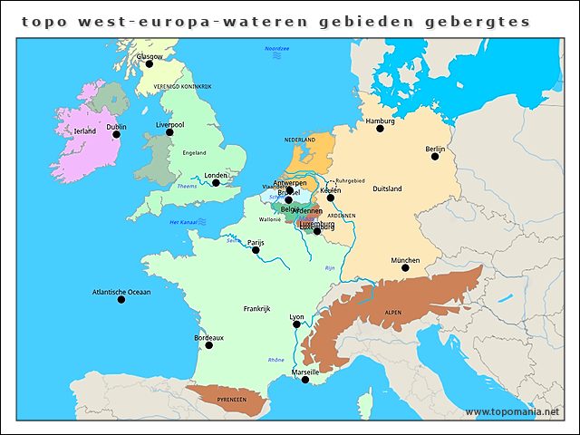Topografie topo west-europa-wateren gebieden gebergtes | www.topomania.net