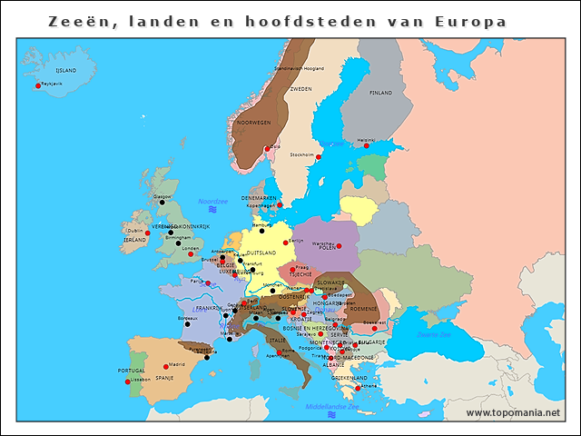 Topografie Zeeën, landen en hoofdsteden van Europa | www.topomania.net