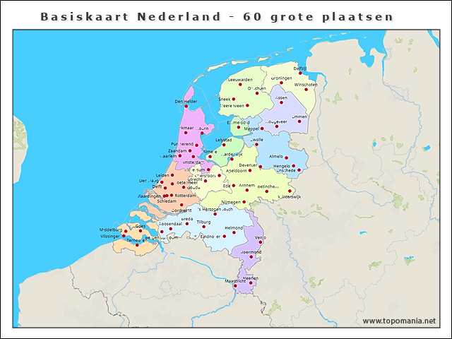 Topografie Basiskaart Nederland - 60 grote plaatsen | www.topomania.net