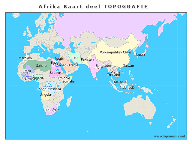 Topografie deels Afrika Kaart deels Azie alleen landen | www.topomania.net