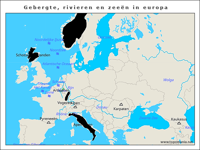 Topografie Gebergte, rivieren en zeeën in europa | www.topomania.net
