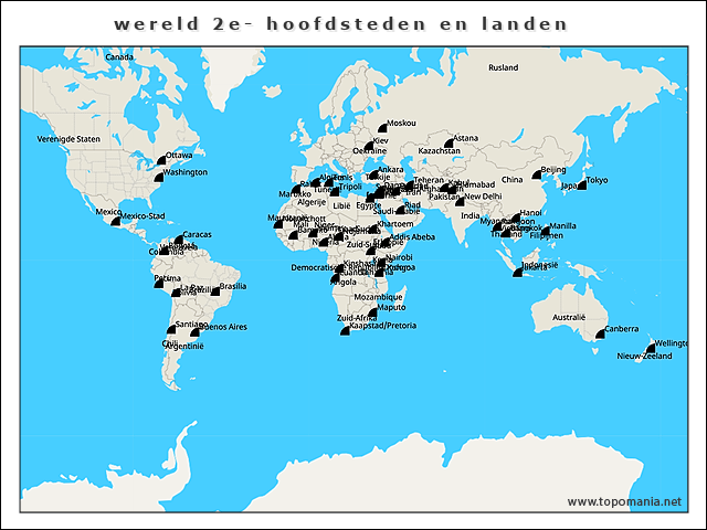 Topografie wereld 2e- hoofdsteden en landen | www.topomania.net