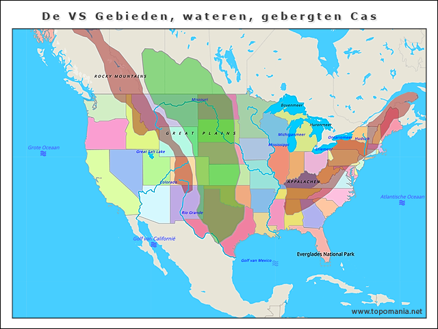 Topografie De VS Gebieden, wateren, gebergten Cas-kopie | www.topomania.net