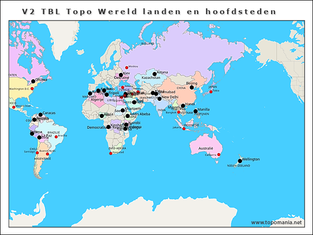 Topografie V2 TBL Topo Wereld landen en hoofdsteden | www.topomania.net