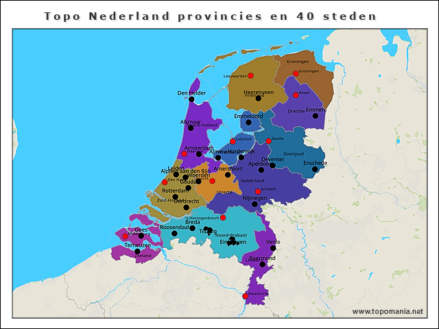 Topografie Topo Nederland provincies en 40 steden | www.topomania.net