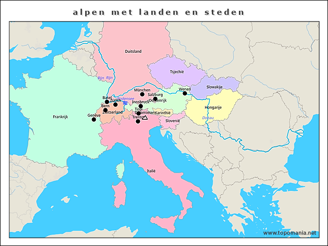 Topografie alpen met landen en steden | www.topomania.net