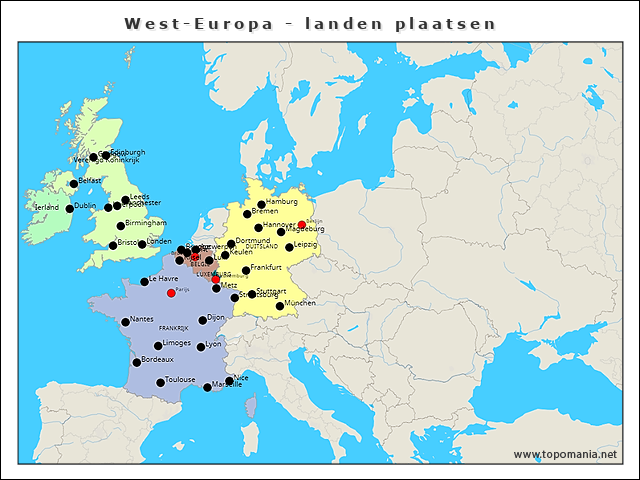 Topografie West-Europa - landen en plaatsen | www.topomania.net