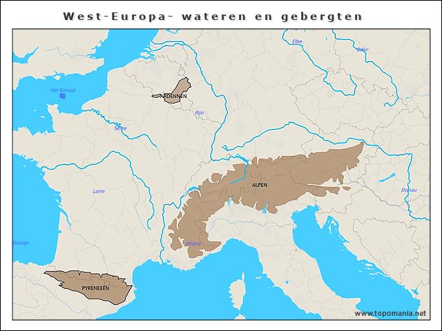 Topografie West-Europa- wateren en gebergten | www.topomania.net