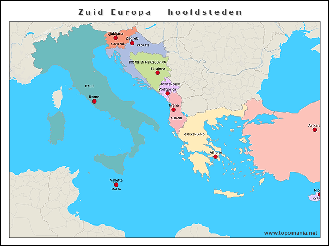 Topografie Zuid-Europa - hoofdsteden | www.topomania.net