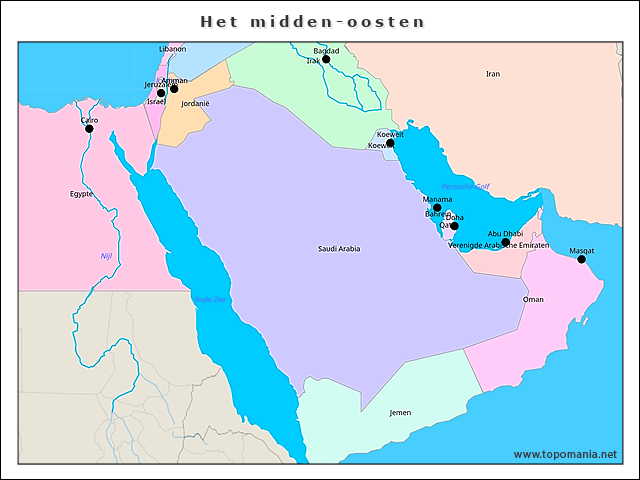 Kaart Van Het Midden Oosten Met Rivieren En Zeeën