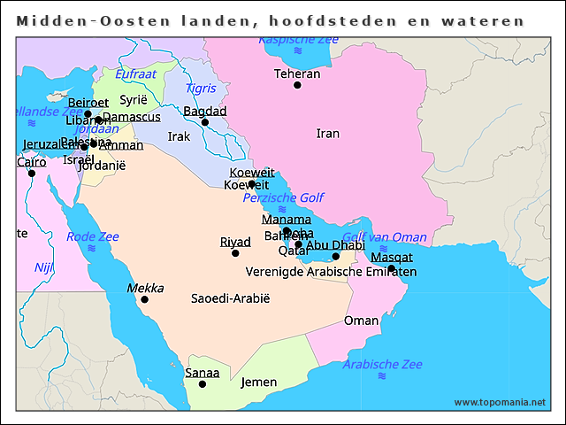Topografie Midden-Oosten landen, hoofdsteden en wateren | www.topomania.net