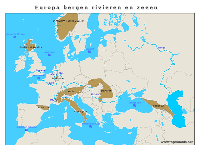 Topografie Europa bergen rivieren en zeeen | www.topomania.net