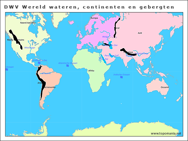 Topografie DWV Wereld wateren, continenten en gebergten | www.topomania.net