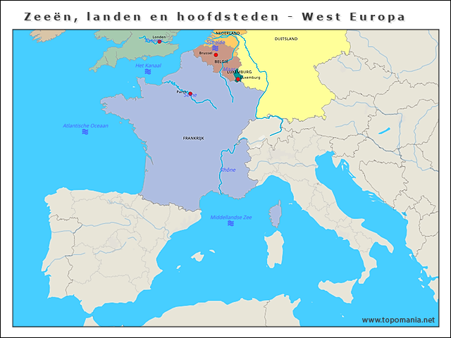 Topografie Zeeën, landen en hoofdsteden - West Europa | www.topomania.net