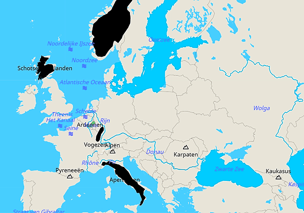 Topografie Gebergte, rivieren en zeeën in europa | www.topomania.net